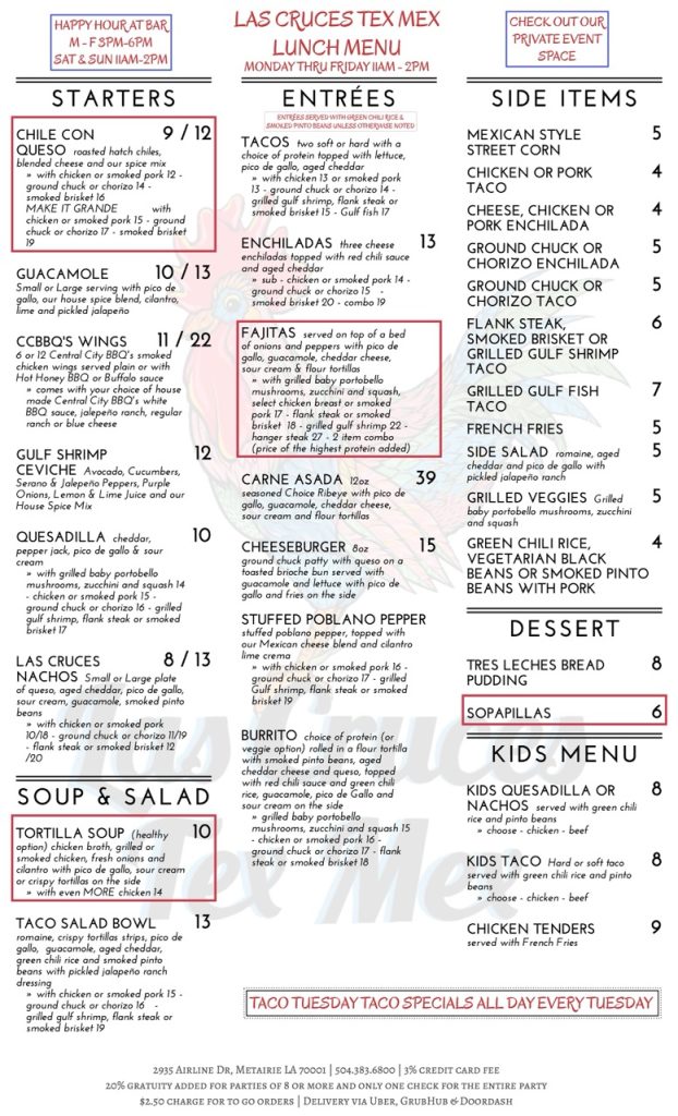 Food Menu - Las Cruces Tex Mex Metairie